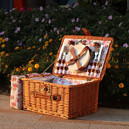 Picnic Basket for 4 Persons Wicker Picnic Set with Insulated Liner for Camping, Wedding, Birthday, Anniversary Day