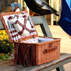 Picnic Basket for 4 Persons Wicker Picnic Set with Insulated Liner for Camping, Wedding, Birthday, Anniversary Day