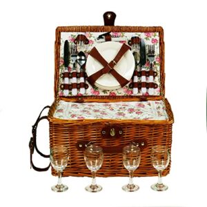 Picnic Basket for 4 Persons Wicker Picnic Set with Insulated Liner for Camping, Wedding, Birthday, Anniversary Day