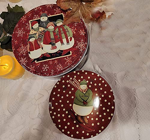 hadaaya Round Christmas Themed Multipurpose Storage Nesting Tin Set of 2, Snowmen Family Design on the Lid