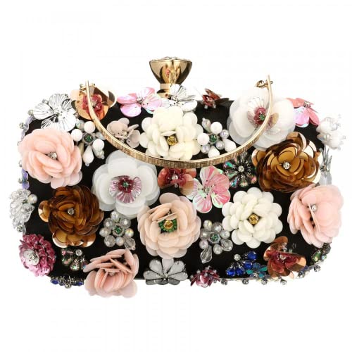 Sequins Floral Handbag Rose Nude Clutch Purses and Handbags for Women Wedding Prom Banquet Party 3D Sequins Evening Handbag (Black-1)