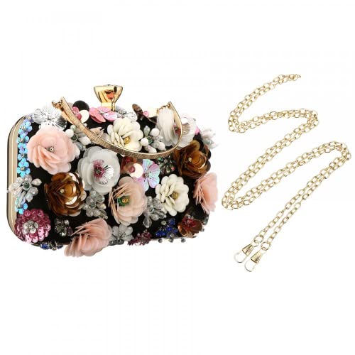 Sequins Floral Handbag Rose Nude Clutch Purses and Handbags for Women Wedding Prom Banquet Party 3D Sequins Evening Handbag (Black-1)