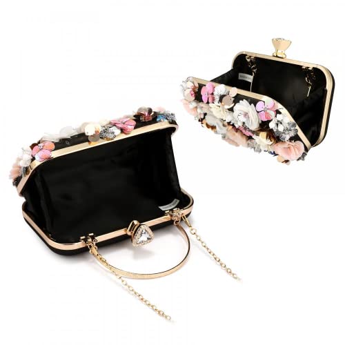 Sequins Floral Handbag Rose Nude Clutch Purses and Handbags for Women Wedding Prom Banquet Party 3D Sequins Evening Handbag (Black-1)