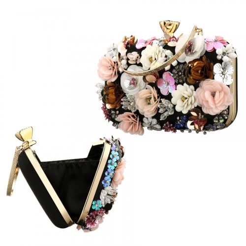 Sequins Floral Handbag Rose Nude Clutch Purses and Handbags for Women Wedding Prom Banquet Party 3D Sequins Evening Handbag (Black-1)