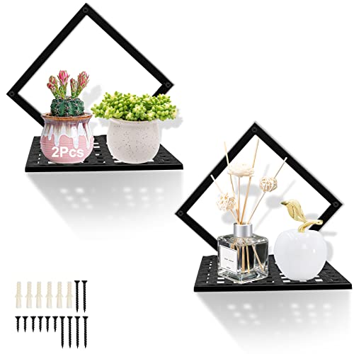 2Pcs Metal Wall Mounted Floating Shelves, Modern Wall Decor Folding Display Shelf for Books Photos Potted Plants Storage, Small Hanging Shelf Organizer for Home Living Room Kitchen Bedroom Bathroom