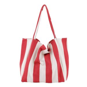 2022 ladies classic striped canvas handbag large capacity shoulder bag for female simple beach casual totes shopping bag (red wide stripes)