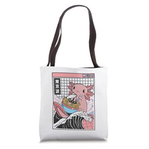 axolotl eating ramen kanagawa wave kawaii anime vaporwave tote bag