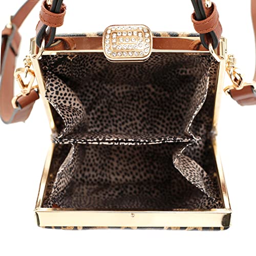 Crocodile Ostrich Snake Leopard Frame Small Vegan Leather Handle Clutch Purse (Matte Leopard Print - Brown/Red)