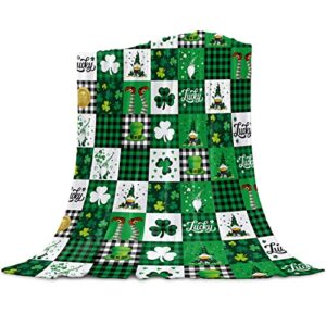 green buffalo plaid clover soft fleece throw blankets for couch, saint patrick microfiber bed blanket, st. patrick’s day gnome, 40x50inch flannel blanket cover for sofa travel, for all seasons