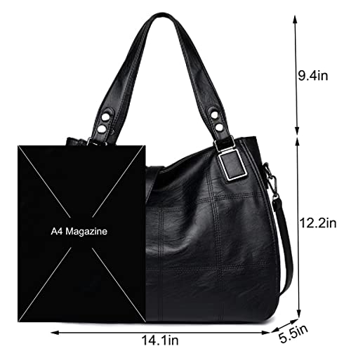 XingChen Women's Leather Handbag Fashion Shoulder Bag Multi-pocket Satchel Tote Purse Hobo Bag with Pendant Black