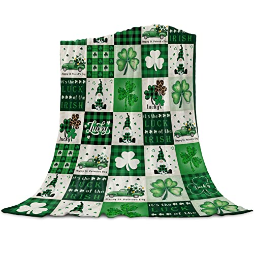 St Patrick's Day Gnomes Truck Flannel Fleece Throw Blanket Green Shamrock Clover Reversible Soft Cozy Bed Blanket Microfiber Fluffy Lightweight Throw Blanket for Bed Couch Sofa Chair 40x50 inches