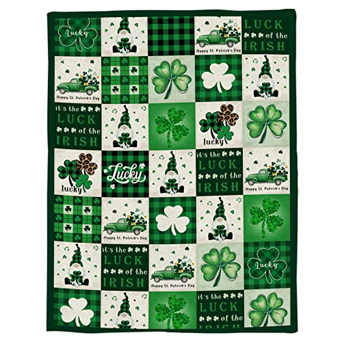 St Patrick's Day Gnomes Truck Flannel Fleece Throw Blanket Green Shamrock Clover Reversible Soft Cozy Bed Blanket Microfiber Fluffy Lightweight Throw Blanket for Bed Couch Sofa Chair 40x50 inches