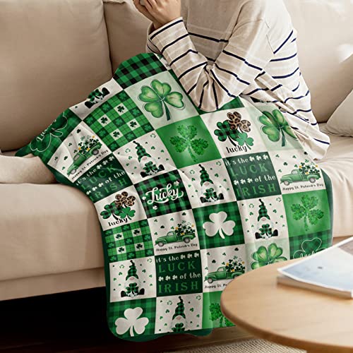 St Patrick's Day Gnomes Truck Flannel Fleece Throw Blanket Green Shamrock Clover Reversible Soft Cozy Bed Blanket Microfiber Fluffy Lightweight Throw Blanket for Bed Couch Sofa Chair 40x50 inches