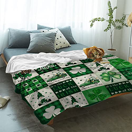 St Patrick's Day Gnomes Truck Flannel Fleece Throw Blanket Green Shamrock Clover Reversible Soft Cozy Bed Blanket Microfiber Fluffy Lightweight Throw Blanket for Bed Couch Sofa Chair 40x50 inches