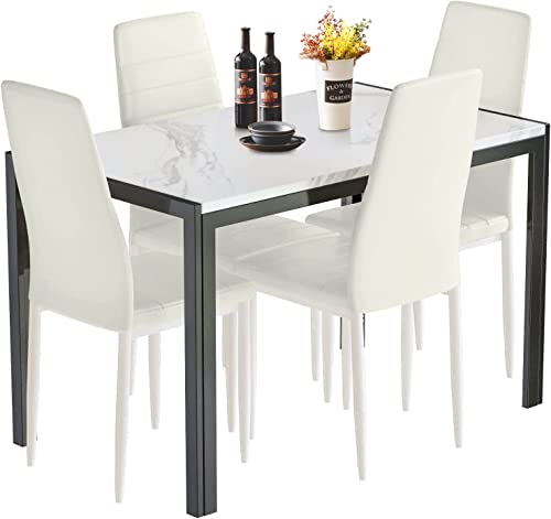 Lamerge Faux Marble Dining Table Set for 4,5 Piece Dining Room Table Set,Rectangular Table and 4 PU Leather Chairs for Living Room,Dining Room,Breakfast Nook,White&Beige, (LMDS-Wbe)