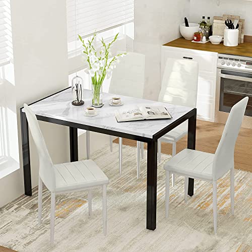 Lamerge Faux Marble Dining Table Set for 4,5 Piece Dining Room Table Set,Rectangular Table and 4 PU Leather Chairs for Living Room,Dining Room,Breakfast Nook,White&Beige, (LMDS-Wbe)