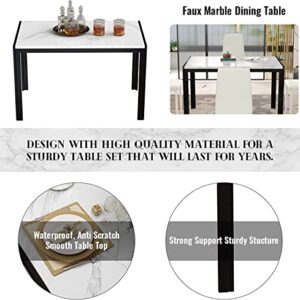 Lamerge Faux Marble Dining Table Set for 4,5 Piece Dining Room Table Set,Rectangular Table and 4 PU Leather Chairs for Living Room,Dining Room,Breakfast Nook,White&Beige, (LMDS-Wbe)