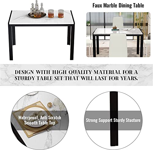 Lamerge Faux Marble Dining Table Set for 4,5 Piece Dining Room Table Set,Rectangular Table and 4 PU Leather Chairs for Living Room,Dining Room,Breakfast Nook,White&Beige, (LMDS-Wbe)