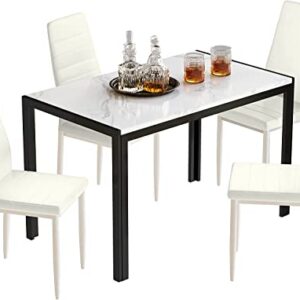 Lamerge Faux Marble Dining Table Set for 4,5 Piece Dining Room Table Set,Rectangular Table and 4 PU Leather Chairs for Living Room,Dining Room,Breakfast Nook,White&Beige, (LMDS-Wbe)