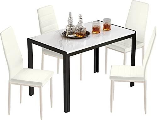 Lamerge Faux Marble Dining Table Set for 4,5 Piece Dining Room Table Set,Rectangular Table and 4 PU Leather Chairs for Living Room,Dining Room,Breakfast Nook,White&Beige, (LMDS-Wbe)