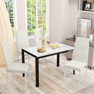 Lamerge Faux Marble Dining Table Set for 4,5 Piece Dining Room Table Set,Rectangular Table and 4 PU Leather Chairs for Living Room,Dining Room,Breakfast Nook,White&Beige, (LMDS-Wbe)