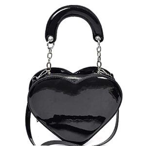 womens girls cute lovely faux leather heart shape crossbody bag purse handbag (medium patent top-handle satchel – black/silver chain)