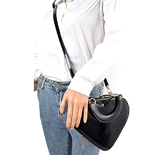 Womens Girls Cute Lovely Faux Leather Heart Shape Crossbody Bag Purse Handbag (Medium Patent Top-Handle Satchel - Black/Silver Chain)