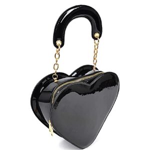 Womens Girls Cute Lovely Faux Leather Heart Shape Crossbody Bag Purse Handbag (Medium Patent Top-Handle Satchel - Black/Silver Chain)