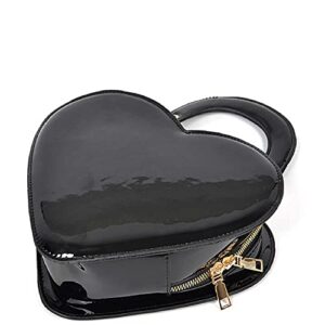 Womens Girls Cute Lovely Faux Leather Heart Shape Crossbody Bag Purse Handbag (Medium Patent Top-Handle Satchel - Black/Silver Chain)