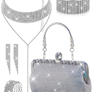 5 Pieces Silver Clutch Purse Rhinestone Evening Purses Crystal Jewelry Set Include Rhinestone Tassel Necklace Bangle Bracelet Dangle Fringe Earrings Ring for Women Wedding Party Bridal Handbag