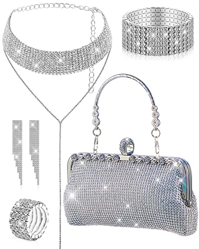 5 Pieces Silver Clutch Purse Rhinestone Evening Purses Crystal Jewelry Set Include Rhinestone Tassel Necklace Bangle Bracelet Dangle Fringe Earrings Ring for Women Wedding Party Bridal Handbag