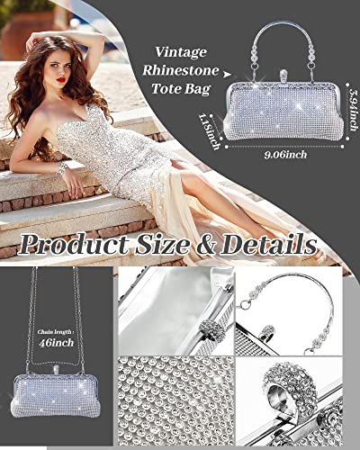 5 Pieces Silver Clutch Purse Rhinestone Evening Purses Crystal Jewelry Set Include Rhinestone Tassel Necklace Bangle Bracelet Dangle Fringe Earrings Ring for Women Wedding Party Bridal Handbag