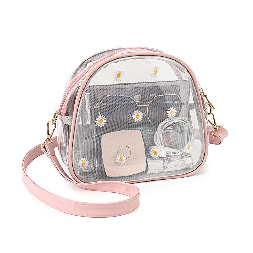 Clear Crossbody Purse for Women, Small Clear Purse Stadium Approved, See Through Clear Shoulder Bag with Flowers adjustable strap for Travel Work Concert (Pink)