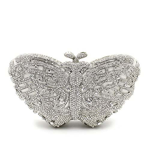 UMREN Women’s Elegant Butterfly Rhinestone Evening Bags Luxury Crystal Clutch Wedding Party Cocktail Handbag Purse (One Size, Silver)