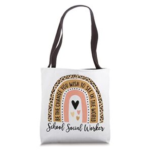 school social worker leopard rainbow cute work love teacher tote bag