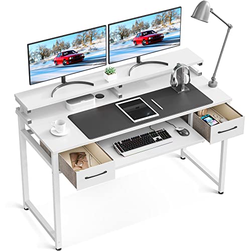 ODK Computer Desk with Keyboard Tray, 47 inch Office Desk with Drawers, Writing Desk with Monitor Shelf and Storage, Work Desk for Home Office/Bedroom, White