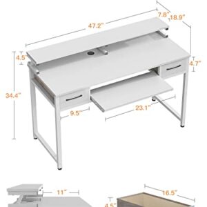 ODK Computer Desk with Keyboard Tray, 47 inch Office Desk with Drawers, Writing Desk with Monitor Shelf and Storage, Work Desk for Home Office/Bedroom, White