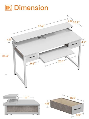 ODK Computer Desk with Keyboard Tray, 47 inch Office Desk with Drawers, Writing Desk with Monitor Shelf and Storage, Work Desk for Home Office/Bedroom, White