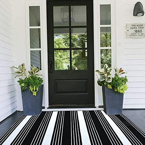 RRUI Black and White Striped Rug 2' x 3' Reversible Cotton Woven Washable Area Rugs for Layered Door Mats/Farmhouse Entryway Throw Carpet/Front Porch Rug/Kitchen Mat