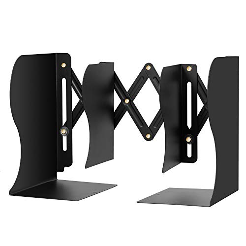 Adjustable Metal Iron Bookends Books Holder Stand Desk Bookend, Black Bookend Supports, Nonskid Bookends for Shelves, Office and Home, Black