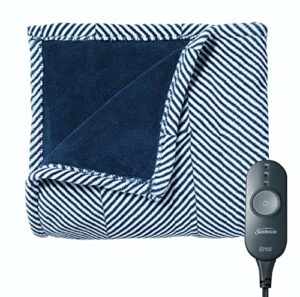 sunbeam navy herringbone microplush heated throw