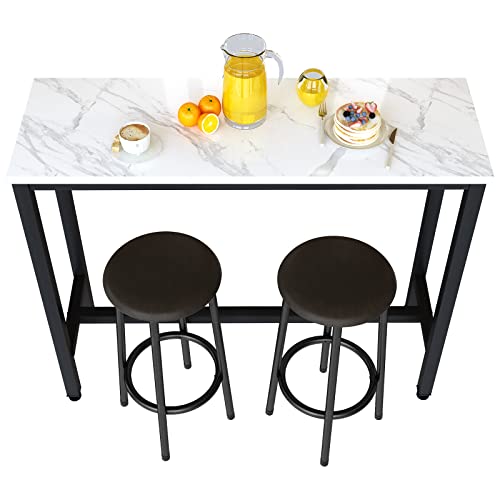 Recaceik Dining Table Set, 47.2” Rectangle Pub Dining Set Kitchen Table Set Bar Table with Stools, 3-Piece Breakfast Table Set with Metal Frame for Kitchen Dining Room w/ 2 Chairs - White