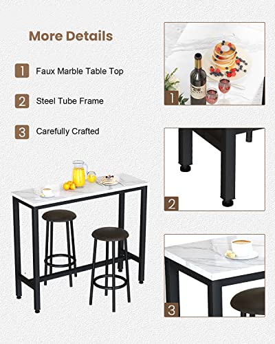 Recaceik Dining Table Set, 47.2” Rectangle Pub Dining Set Kitchen Table Set Bar Table with Stools, 3-Piece Breakfast Table Set with Metal Frame for Kitchen Dining Room w/ 2 Chairs - White