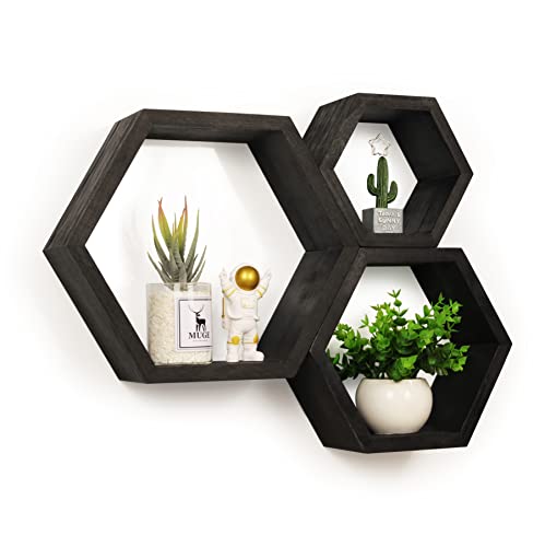 KEZORY Mounted Creative Hexagon Floating Shelves,Hexagonal Wall Decoration Floating Display Stand-Modern Geometric Wall Decoration-Perfect Choice for Living Room, Kitchen, Bedroom, Bathroom (Black)