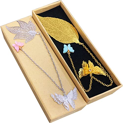 2 Pack Metal Leaf Bookmark with 3D Butterfly Pendant Unique Gift for Teachers Women Mothers Day Christmas Valentine's Day Butterfly Book Marks for Students Book Lovers Christian Lady Readers