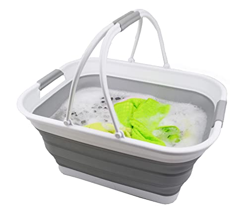 SAMMART 29L(7.6 gallon) Collapsible Tub with Handle-Portable Outdoor Picnic Basket-Space Saving Storage Container,Water capacity 24L(6.3 gallon) (1, White/Grey)