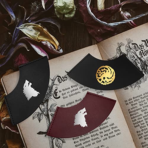 PalProt Gama of Thrones Bookmark, Bookmarks with Imprint of Stark Wolf & Targaryen Dragon Bookmark, Corner Book Marker | Made of Leather & Handcrafted, Gift for Gama of Thrones Fan, Book Lovers(3PCS)