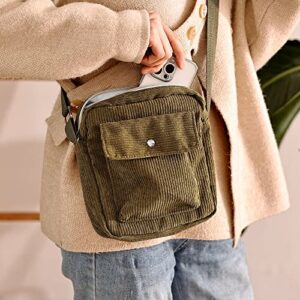 Corduroy Crossbody Bag Corduroy Tote Bag Casual Shoulder Handbags Purse Crossbody with Zipper Pocket for Women Girls（Green）