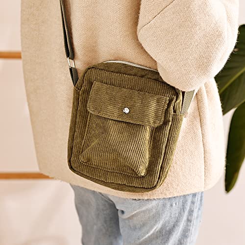 Corduroy Crossbody Bag Corduroy Tote Bag Casual Shoulder Handbags Purse Crossbody with Zipper Pocket for Women Girls（Green）