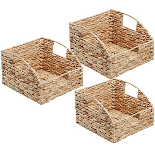 OUTBROS Water Hyacinth Wicker Storage Baskets, Hand-Woven Baskets with Handles, Nesting Wicker Basket Sets, Waterproof Woven Storage Baskets for Shelves, 3-Pack